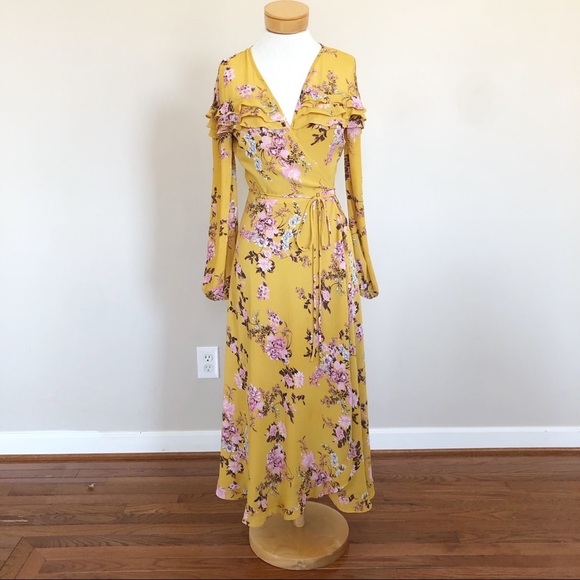 Wayf | Dresses | Wayf Mariah Floral Ruffle Wrap Dress Maxi Mustard ...